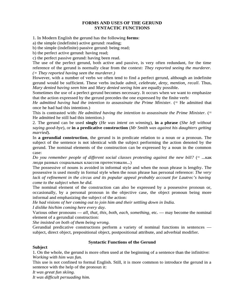 Forms & Uses of The Gerund + Synt. Functions | PDF | Subject (Grammar ...