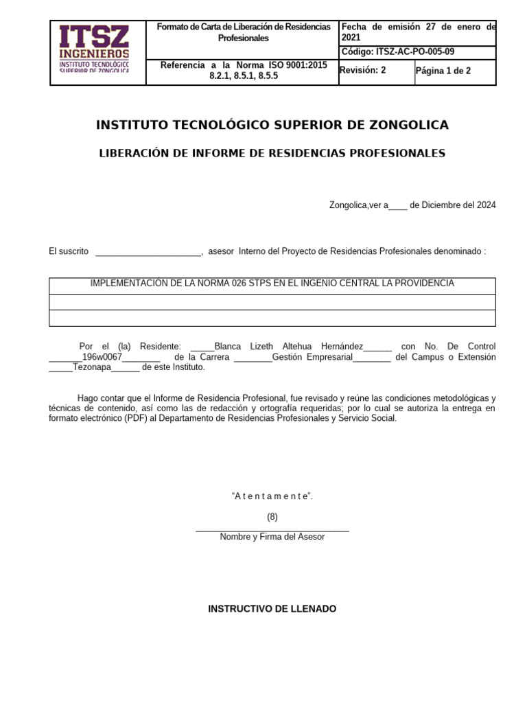 Itsz Ac Po 005 09 Carta de Liberacion de Residencia Profesional | PDF