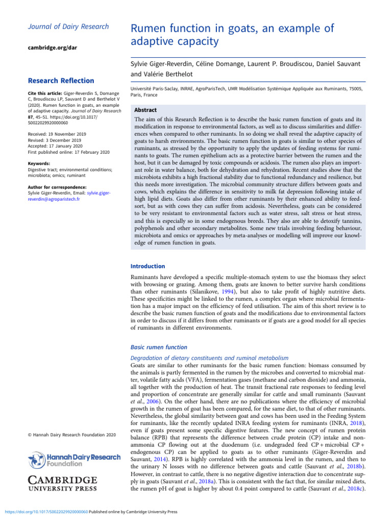 Rumen Function in Goats: Adaptive Capacity | PDF | Ruminant | Biology