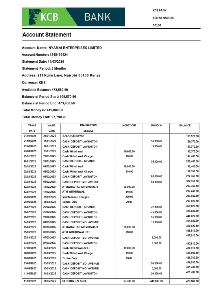 KCB Bank Account Statement Summary | PDF | Cash | Money