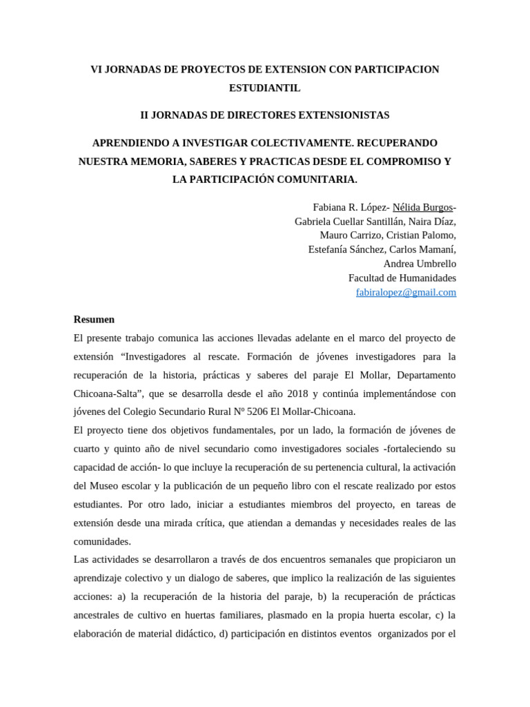 VI JORNADAS DE PROYECTOS DE EXTENSION CON PARTICIPACION ESTUDIANTIL ...
