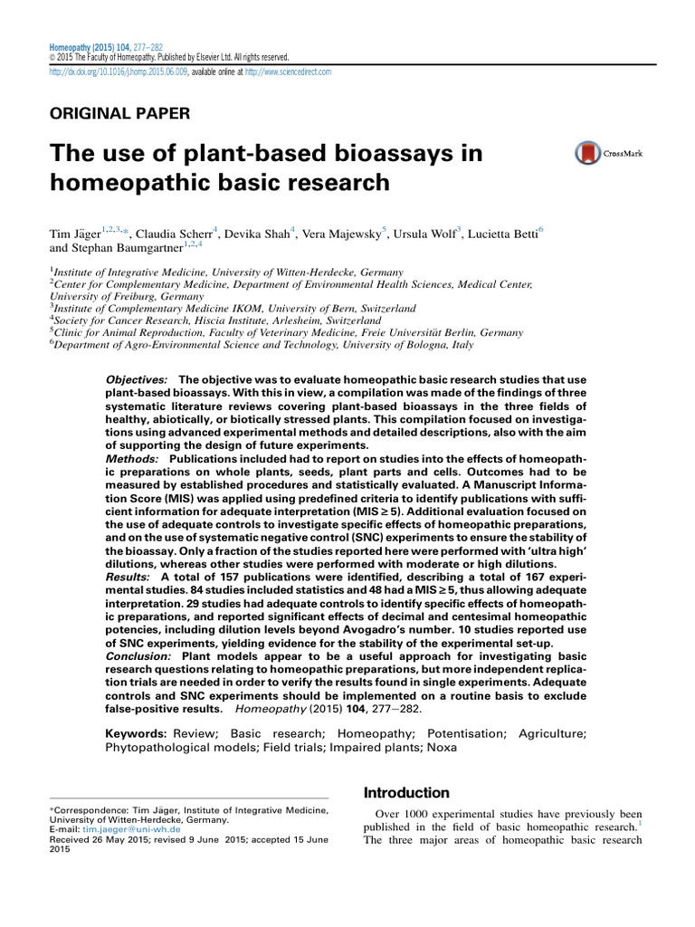 The Use of Plant-Based Bioassays in Homeopathic Basic Research | PDF | Homeopathy | Experiment