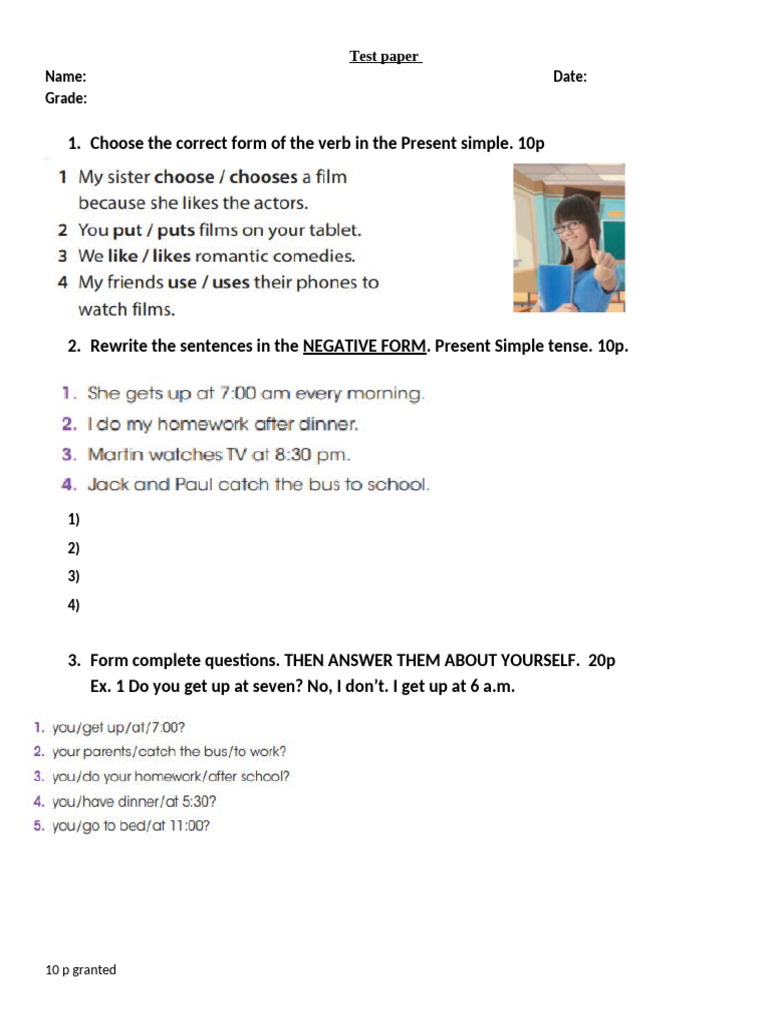 Test Paper Cls 6 Present Simple and Present Continuous | PDF