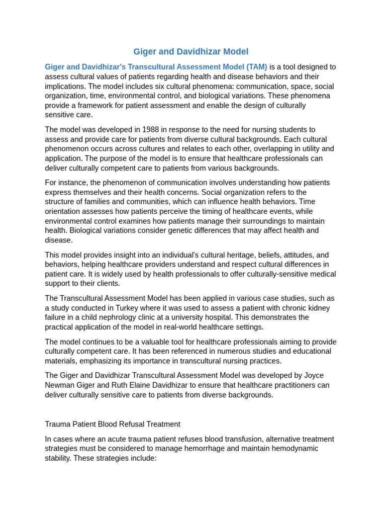 Giger and Davidhizar Model | PDF | Bleeding | Diseases And Disorders