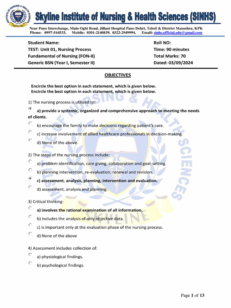 Unit 1 Nursing Process Ans | PDF