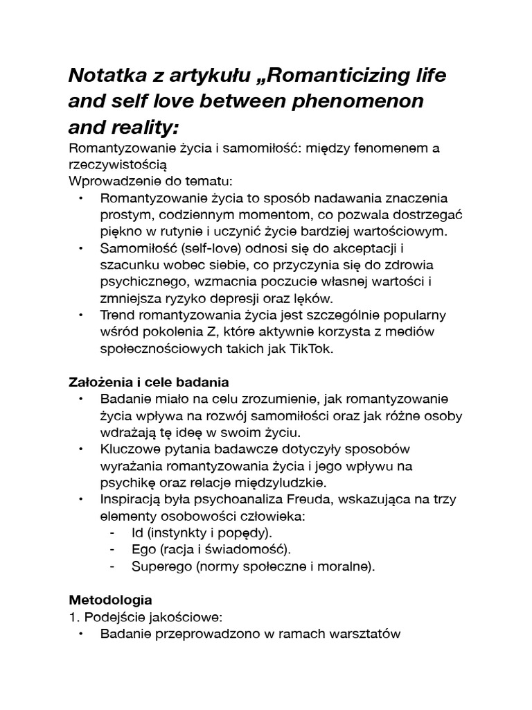 Notatka Z Artykułu Romanticizing Life and Self Love Between Phenomenon ...