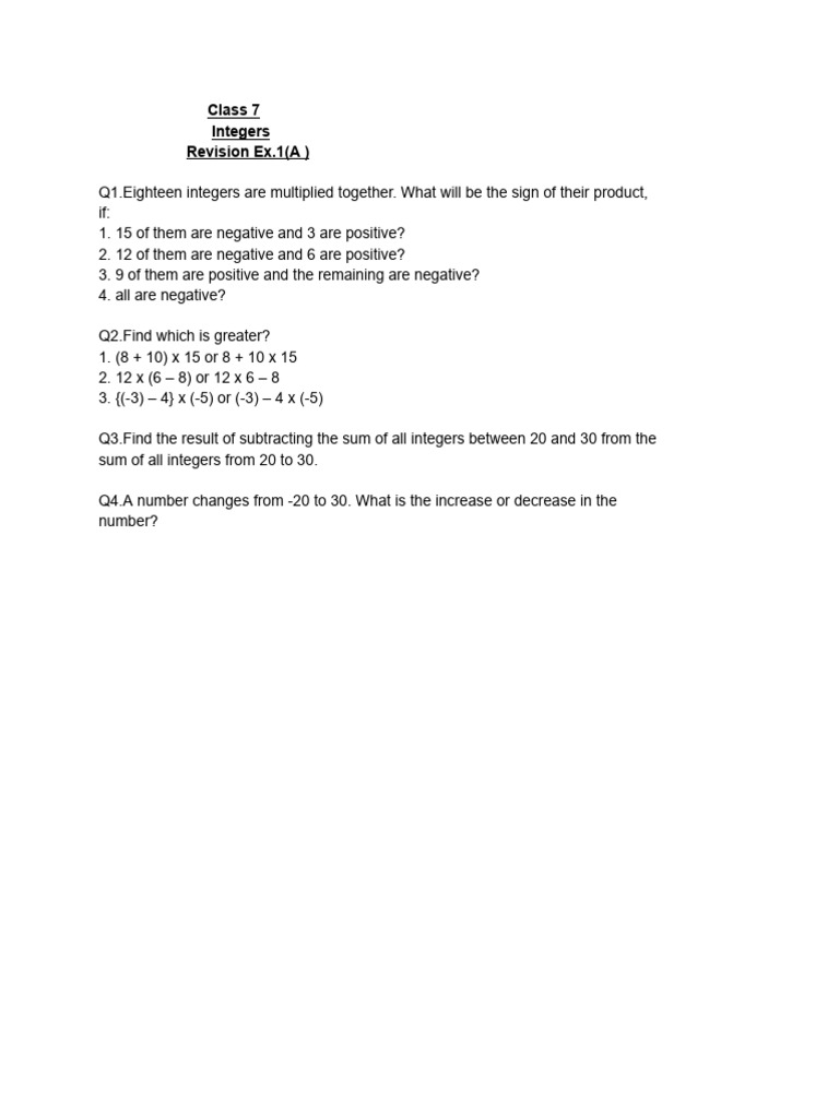 Class 7 Revision Ex.1A Integers | PDF