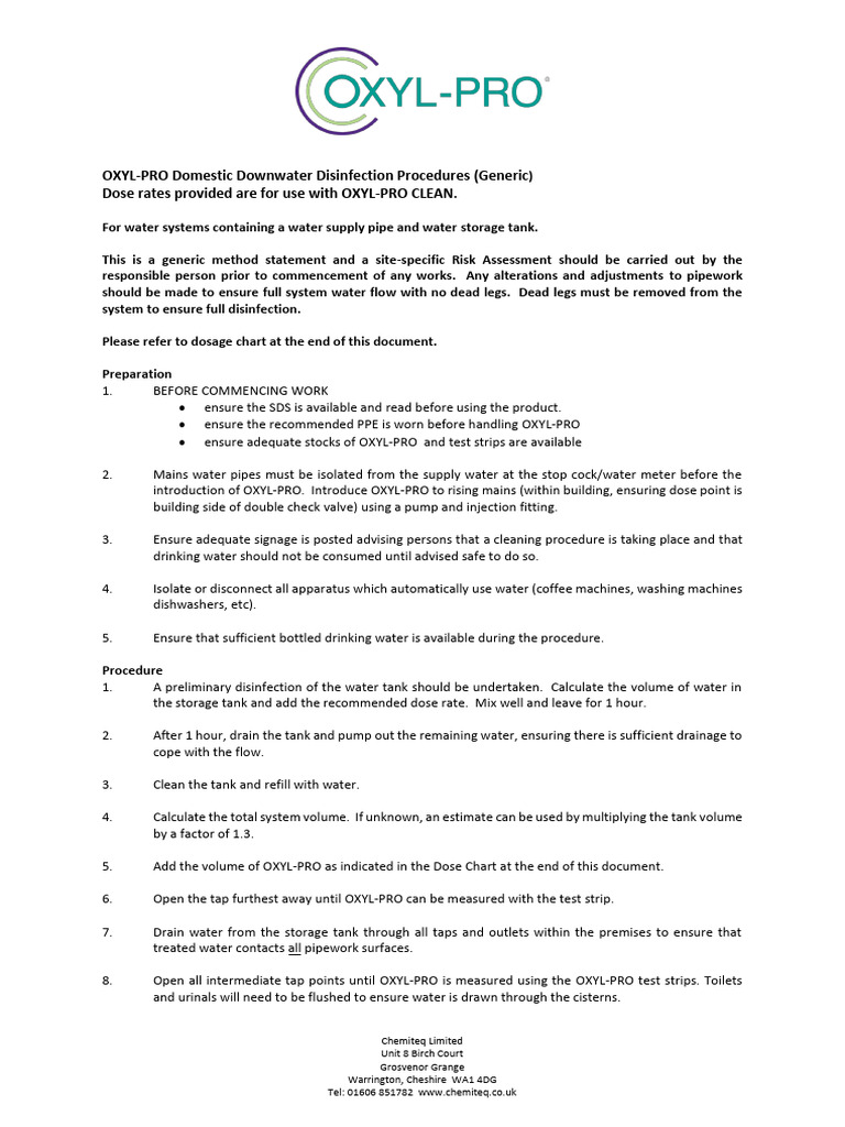 Oxyl-Pro Clean Domestic Sterilisation Method STMT v4 | PDF | Water | Drinking Water
