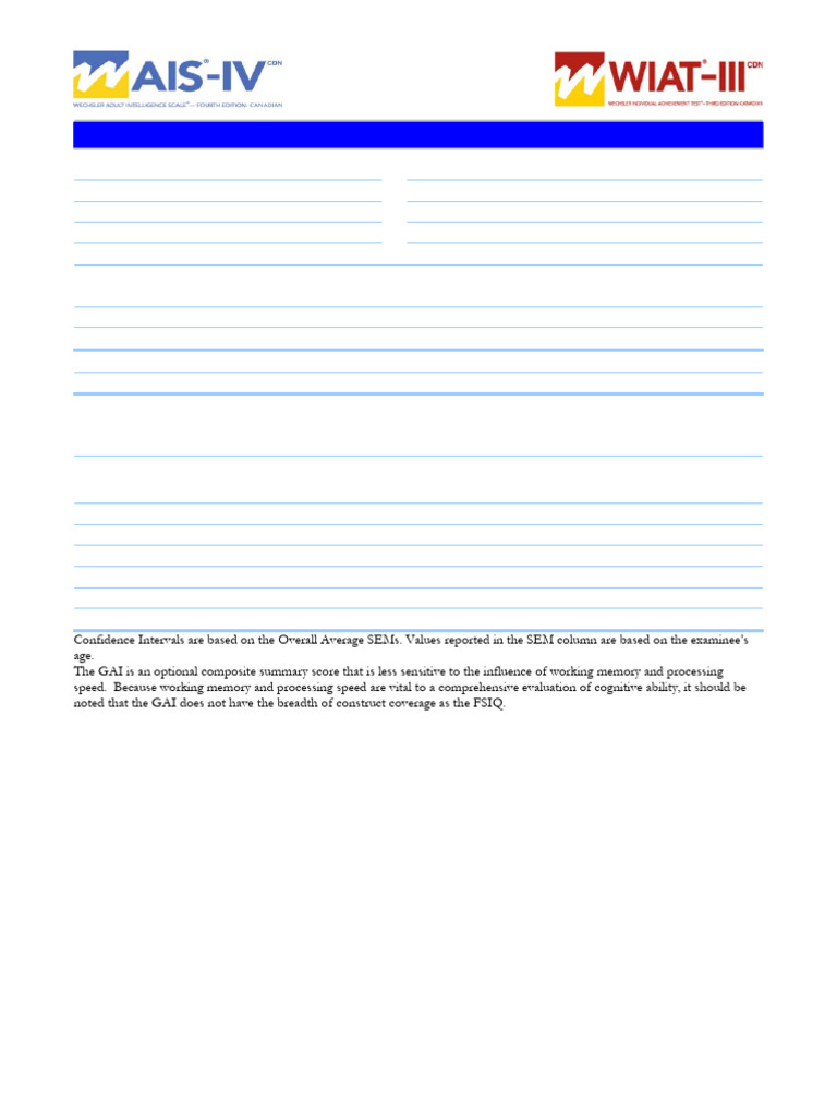 Wiat III Wais IV Combo Sample Report | PDF | Wechsler Adult ...