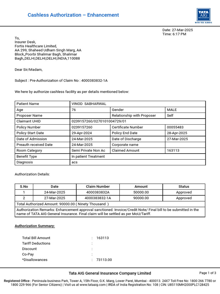 Cashless Enhanced Authorization Letter-29 | PDF | Insurance