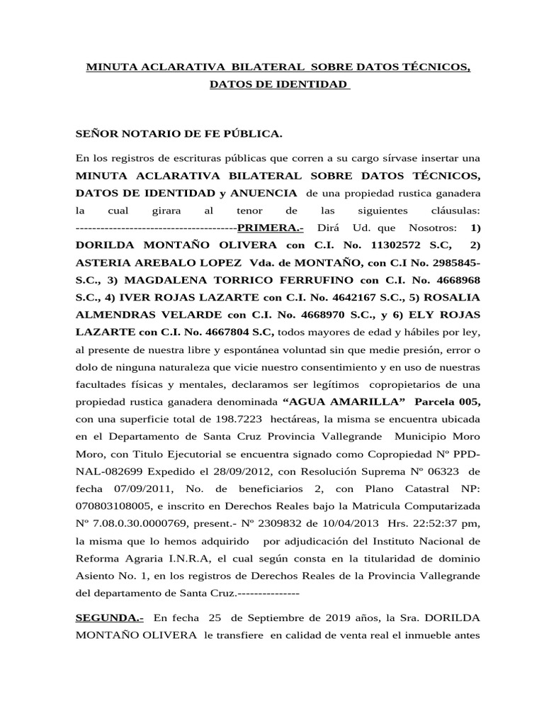 Minuta Aclarativa Bilateral Sobre Datos Técnicos (Dorilda Montaño) | PDF | Ley de Tierras ...