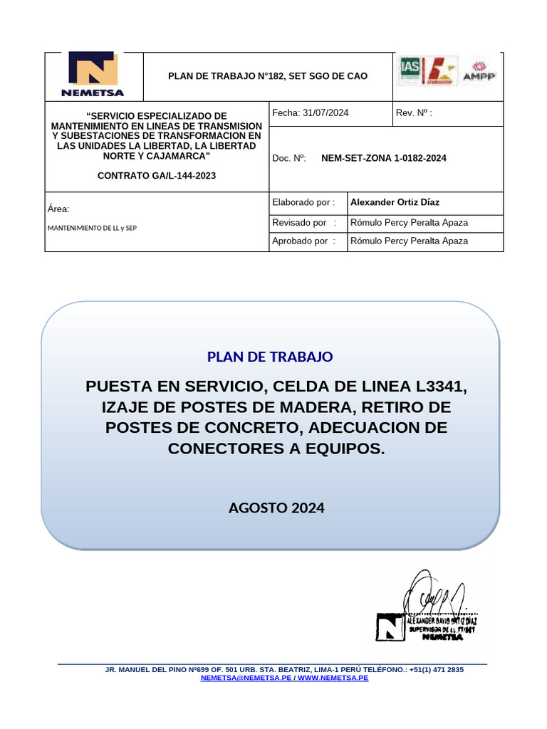 Plan de Trabajo N°0182 Set Sgo de Cao | PDF