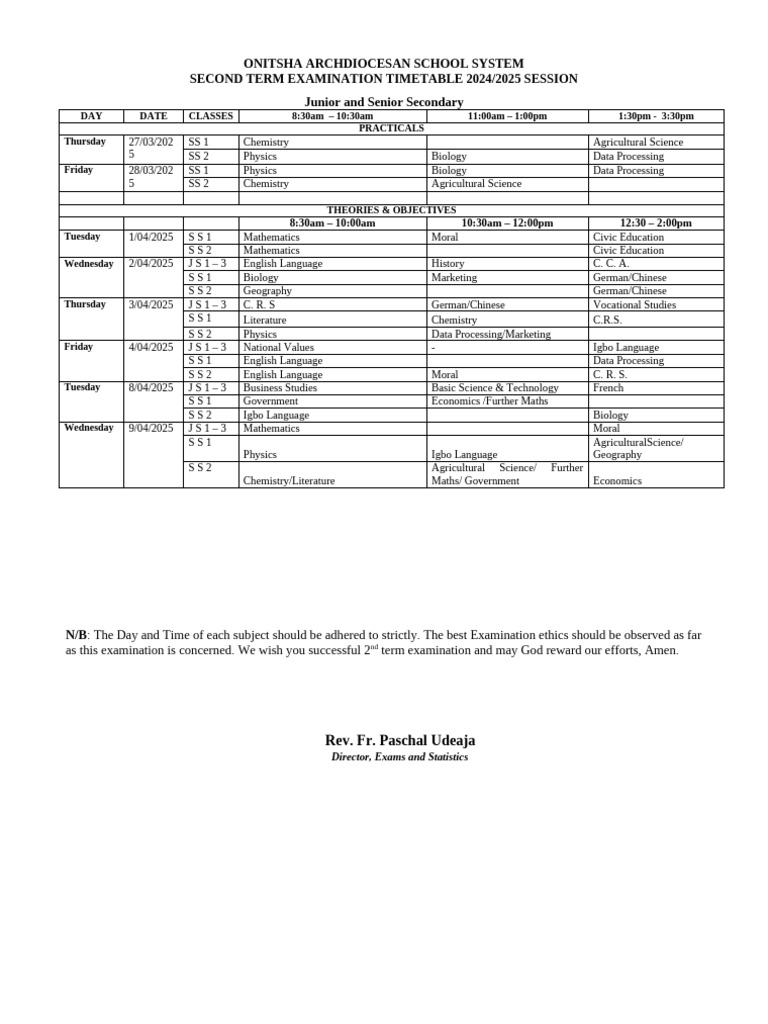 Edited 2nd Term Exam Timetable 2025 | PDF | Science | Mathematics