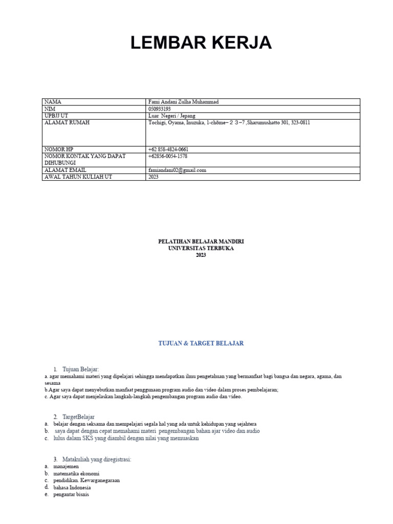 Rencana Belajar Mandiri UT 2023 | PDF