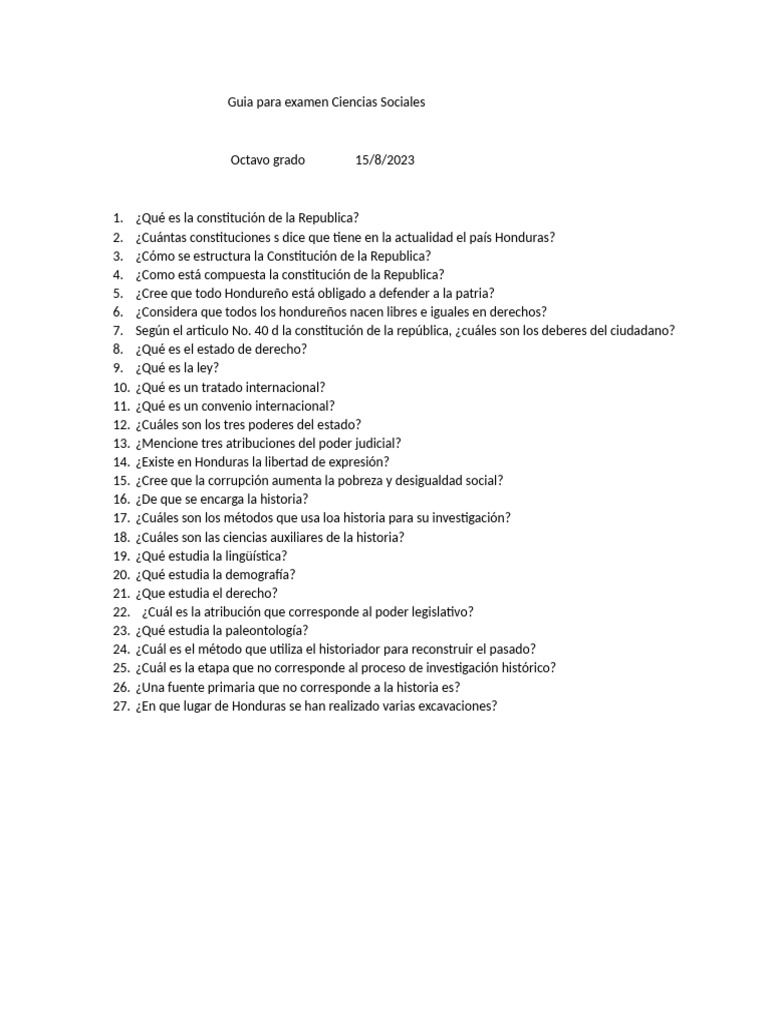 Guia para examen Ciencias Sociales Octavo grado | PDF