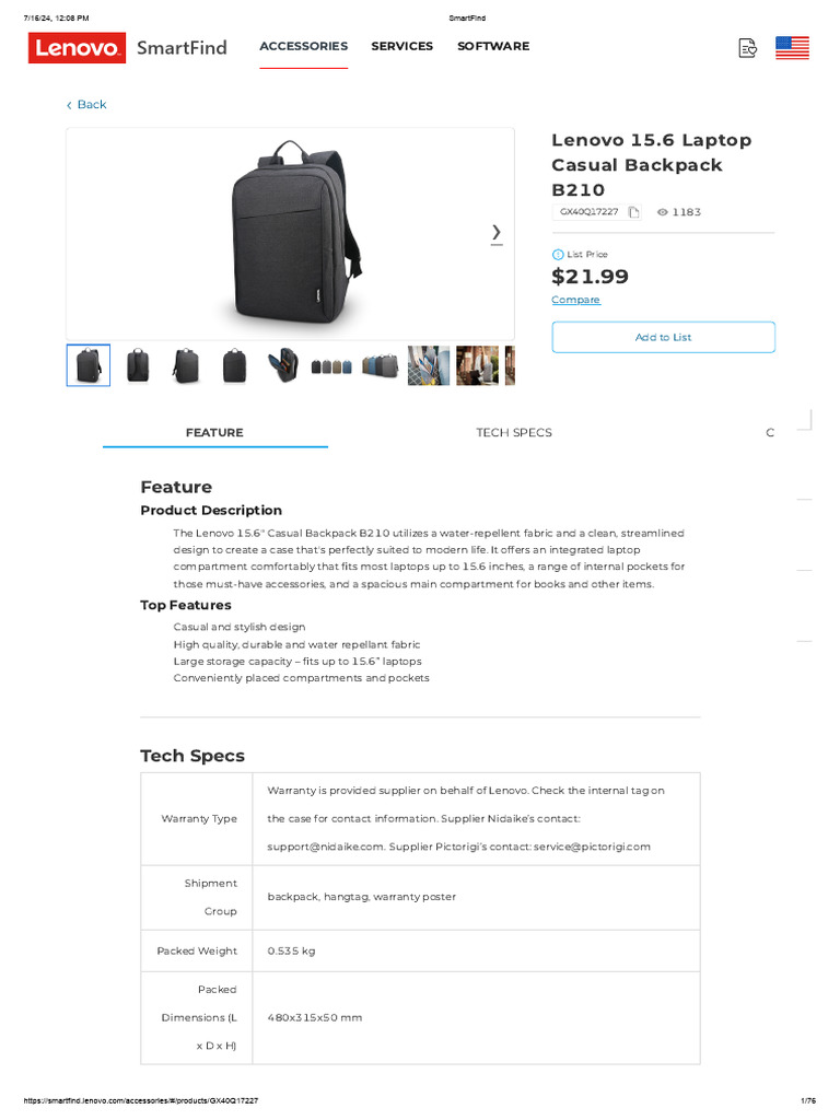 Lenovo 15.6" Casual Backpack B210 | PDF | Backpack | Laptop