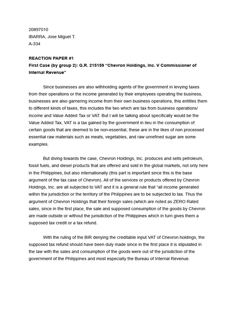 IBARRA, Jose Miguel T. A-334 Reaction Paper 1-2-3 | PDF | Taxes | Value ...