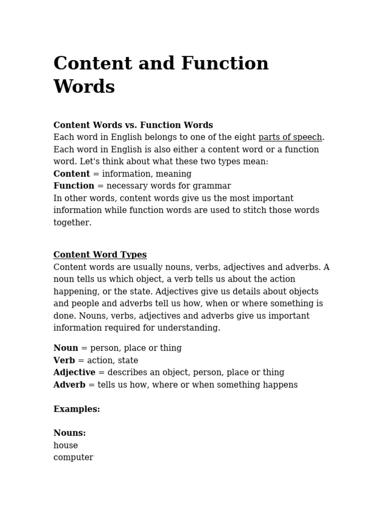 Content and Function Words | PDF | Adverb | Adjective