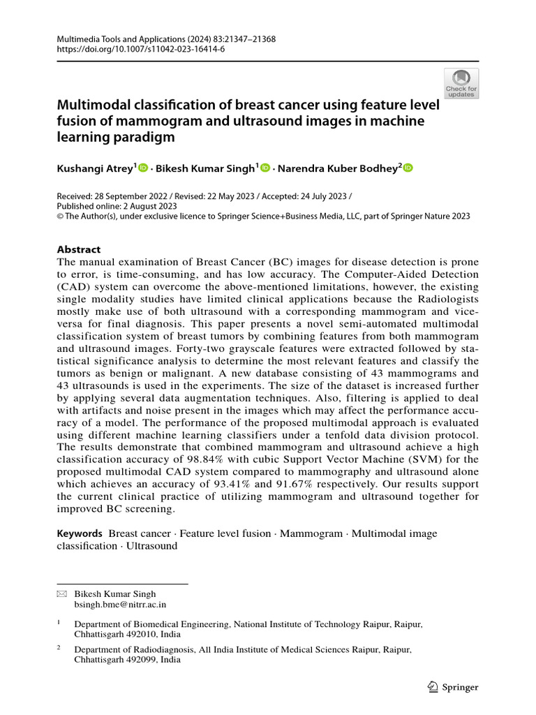 Multimodal Classification of Breast Cancer Using Feature Level Fusion of Mammogram and ...