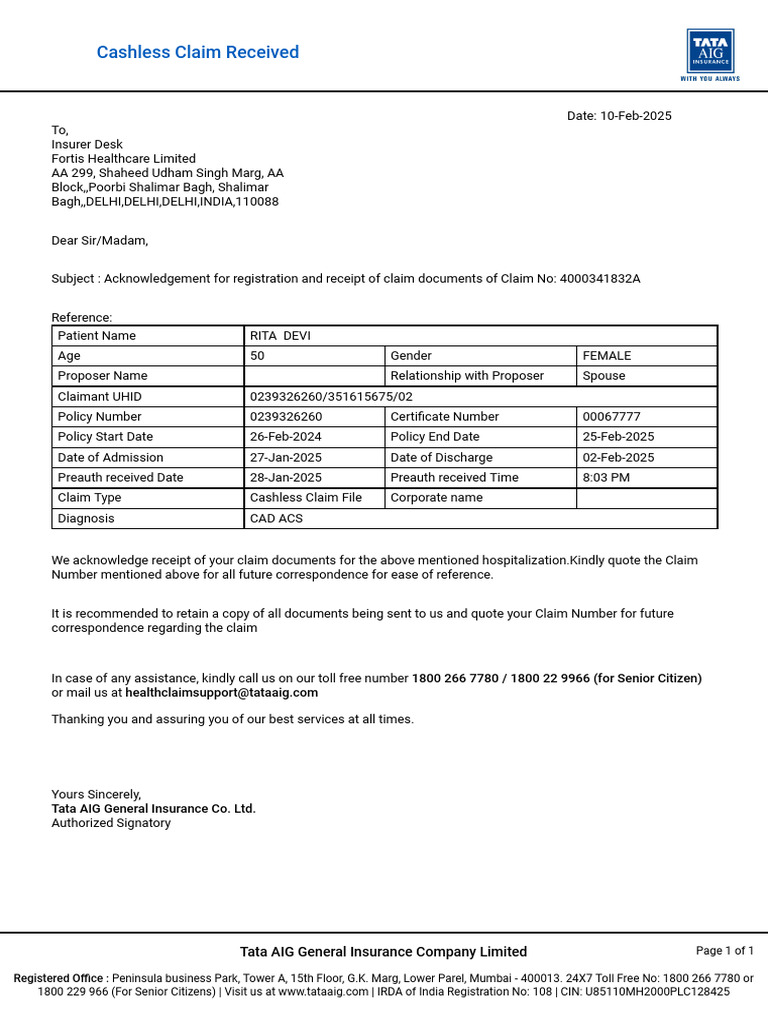 Tata AIG Cashless Claim Acknowledgment | PDF | Financial Services ...
