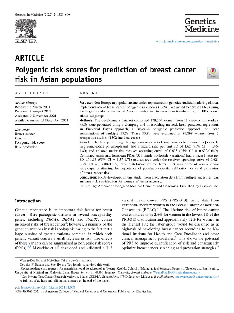 Polygenic Risk Scores For Prediction of Breast Cancer Risk in Asian ...