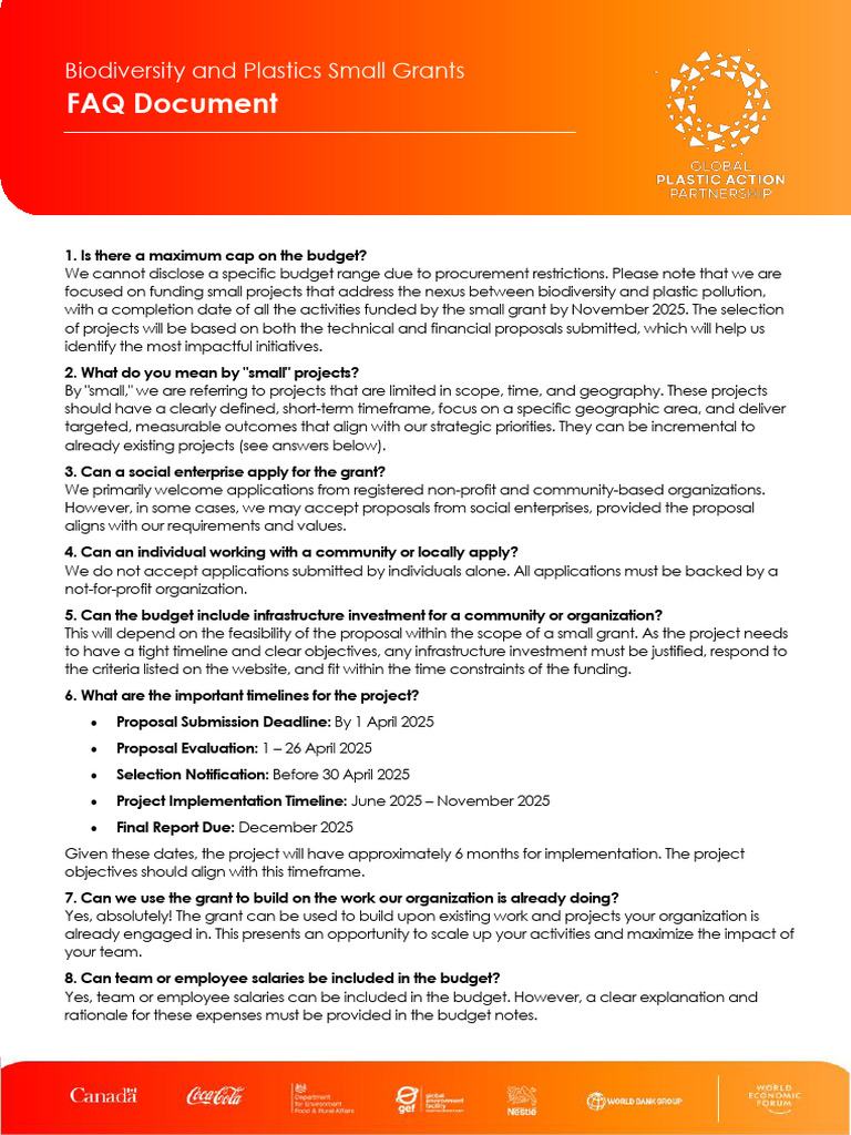 Biodiversity and Plastics Grant FAQs | PDF | Budget | Social Enterprise