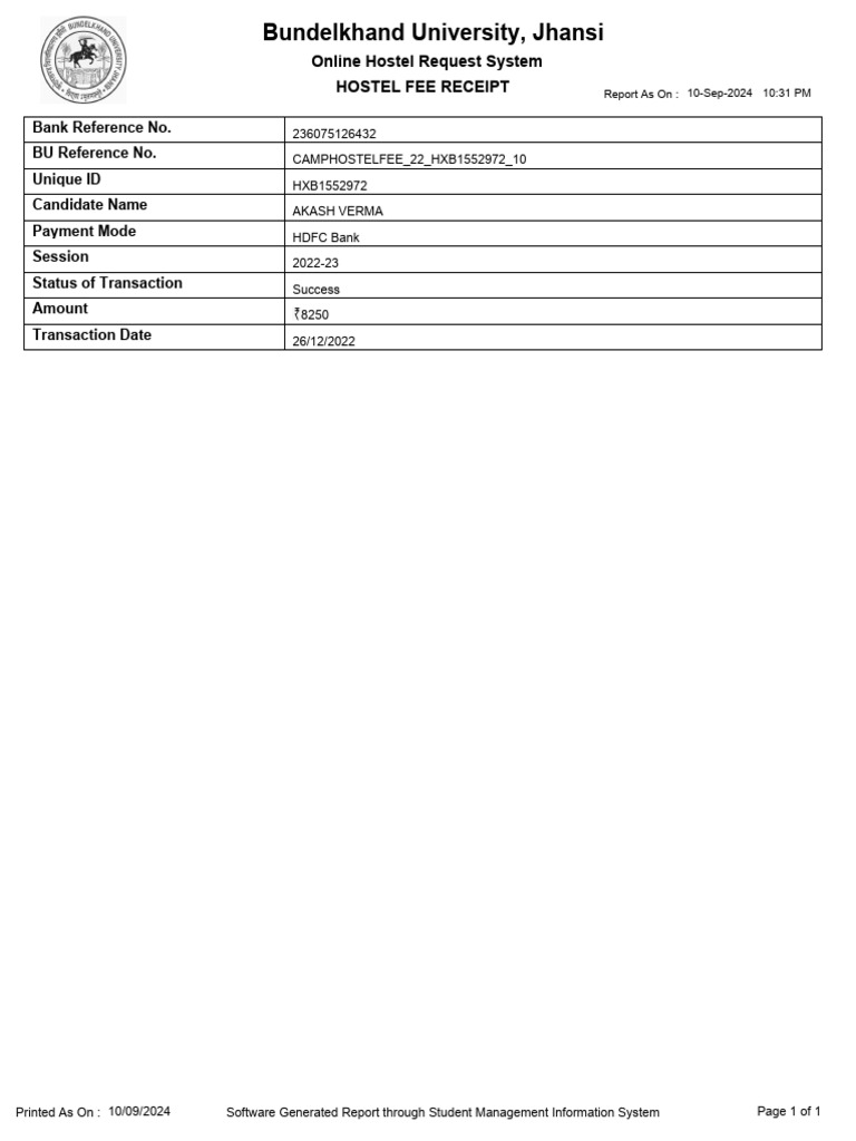 Hostel Fee Receipt 3 | PDF