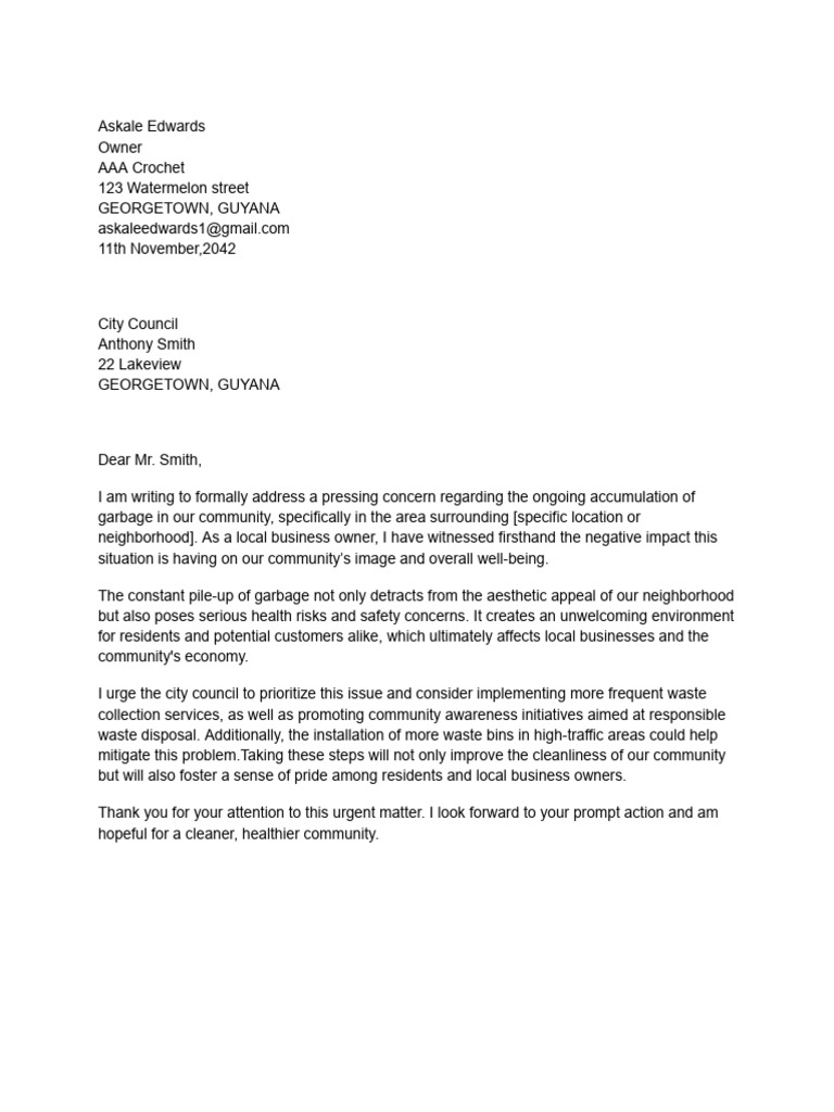Community Garbage Concern Letter | PDF