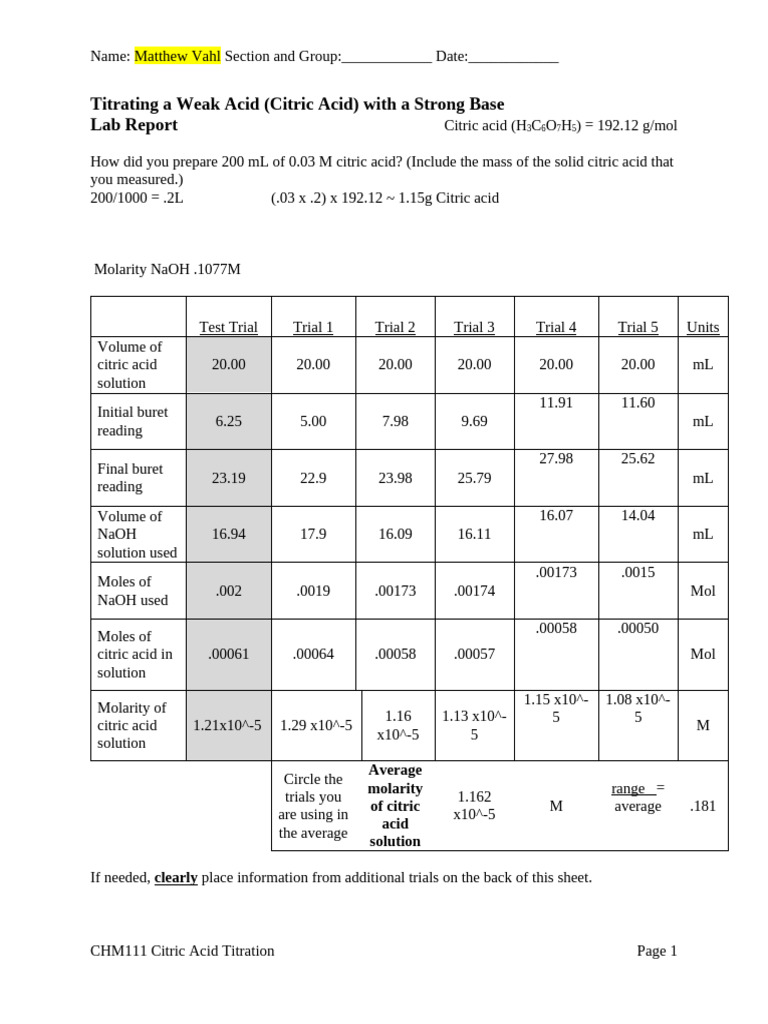 111 Citric Acid Titration v2 Data Question-1 | PDF | Sodium Hydroxide ...