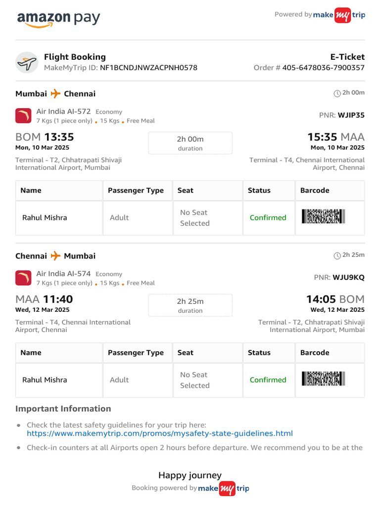 Receipt - Flight From BOM-CHE Round Trip - Rahul Mishra | PDF ...