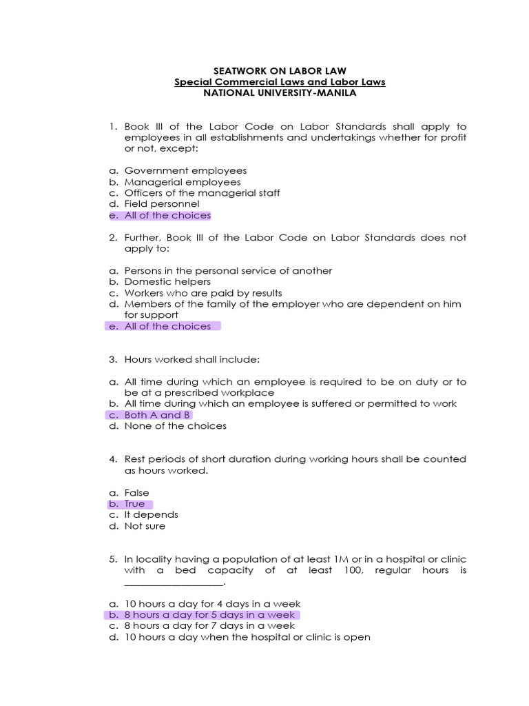 Assignment Seatwork Labor Law | PDF | Overtime | Employment