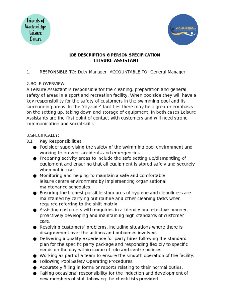 Job Description LEISURE ASSISTANT | PDF