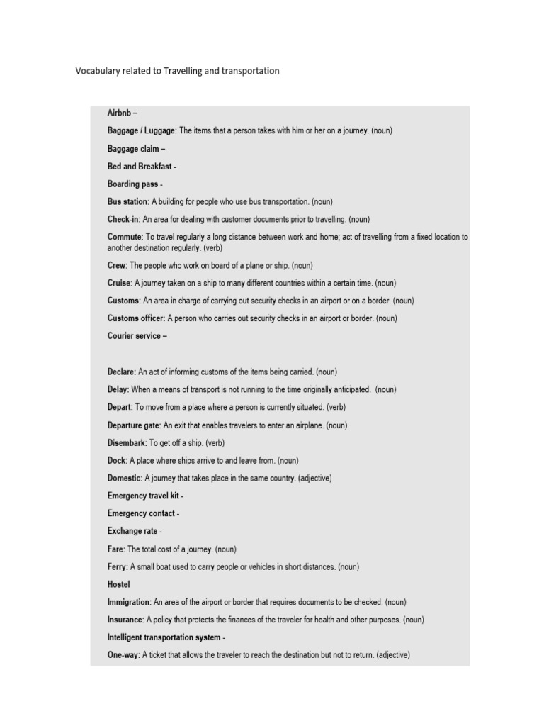 Essential Travel Vocabulary Guide | PDF | Baggage | Transport