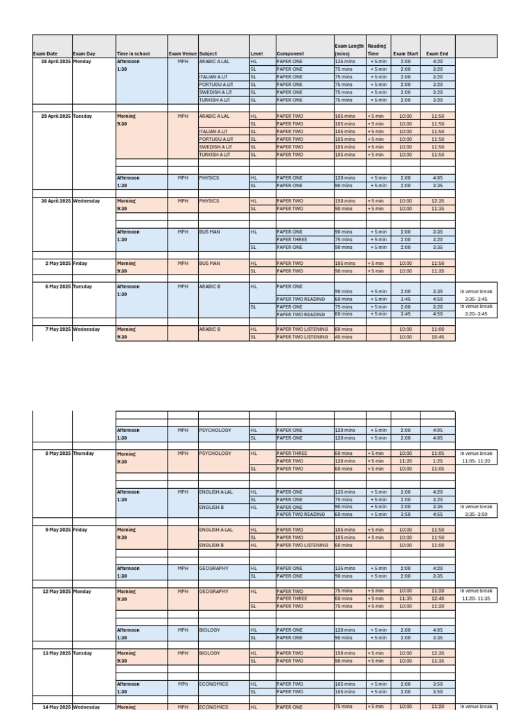 Class of 2025 Exam Schedule | PDF