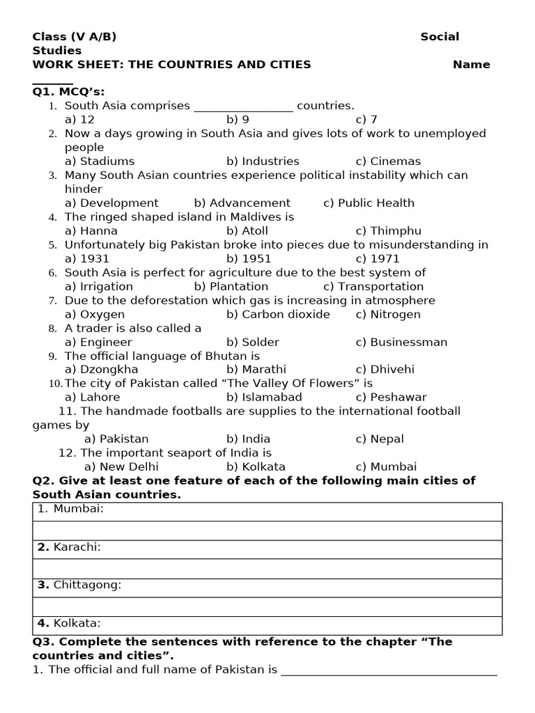 Social Studies WS 5 T COUNTRIES & CITIES | PDF | South Asia
