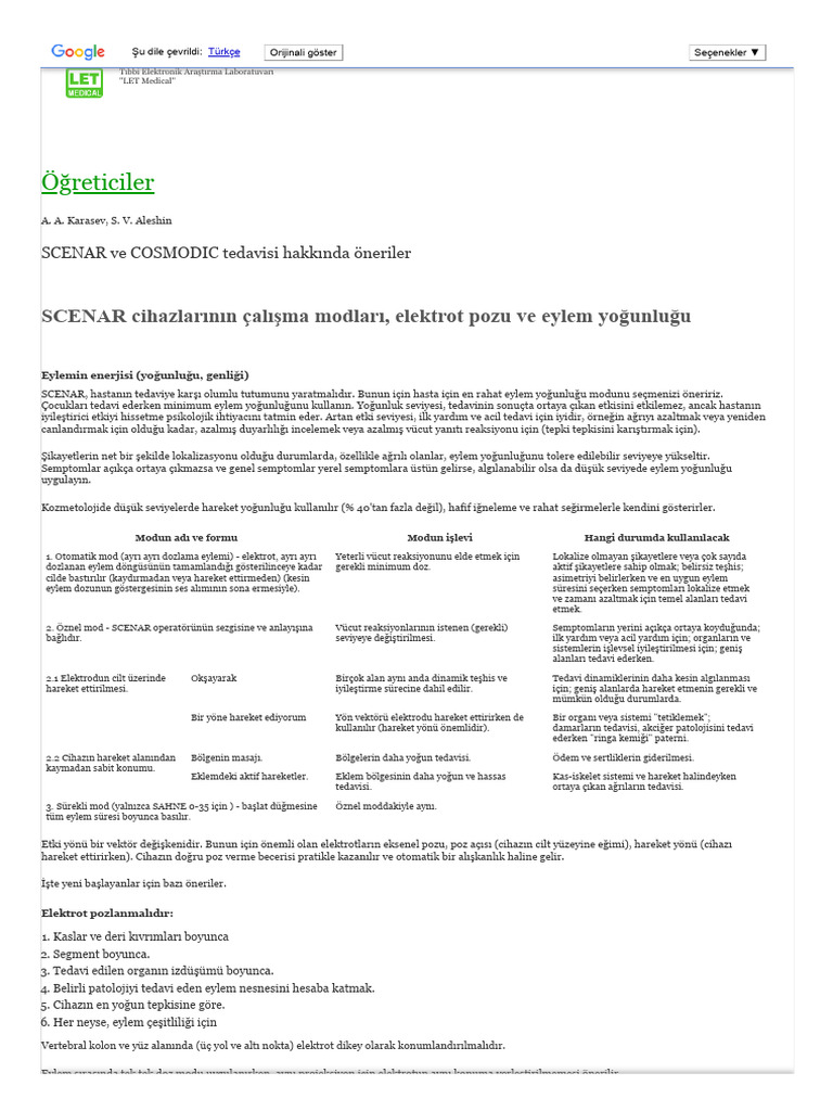SCENAR Cihazlarının Çalışma Modları, Elektrot Pozu Ve Eylem Yoğunluğu ...