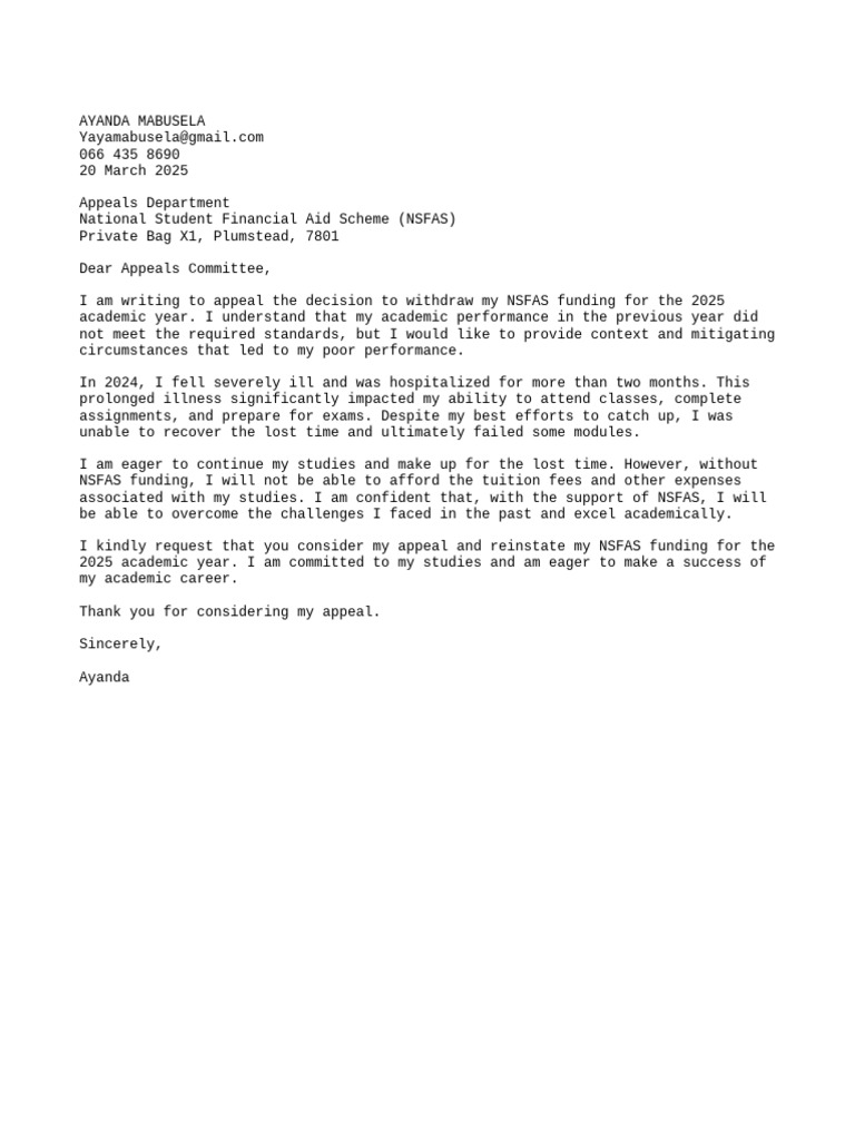 NSFAS Appeal for Funding Reinstatement | PDF