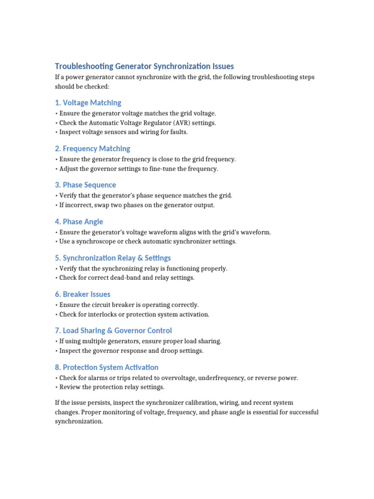 Generator Synchronization Troubleshooting | PDF