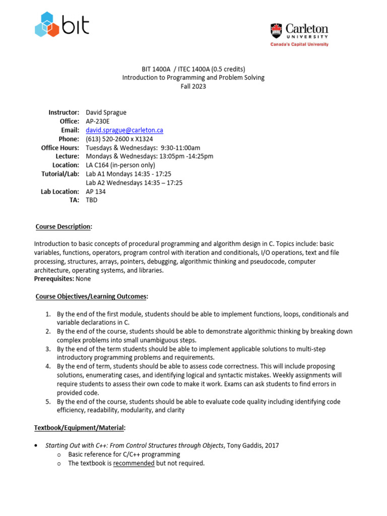 BIT 1400 - CourseOutline - Fall 2023 | PDF | Quiz | Computer Programming