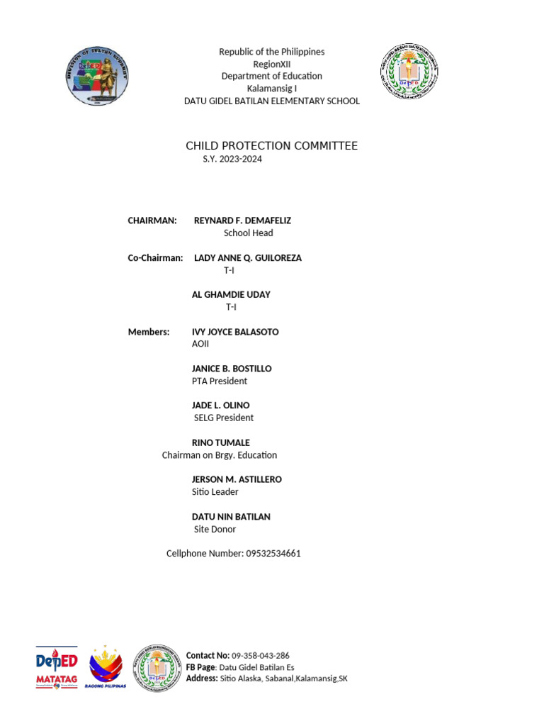 Child Protection Committee: Chairman: Reynard F. Demafeliz | PDF