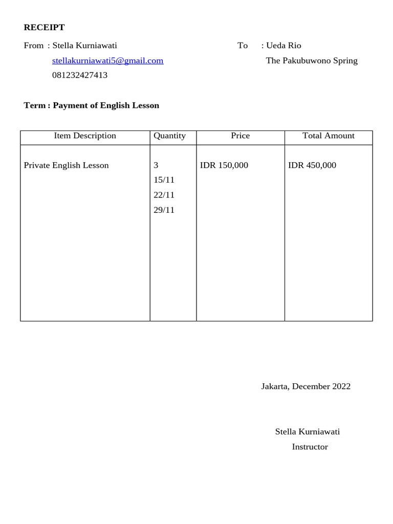 English Lesson Payment Receipt | PDF