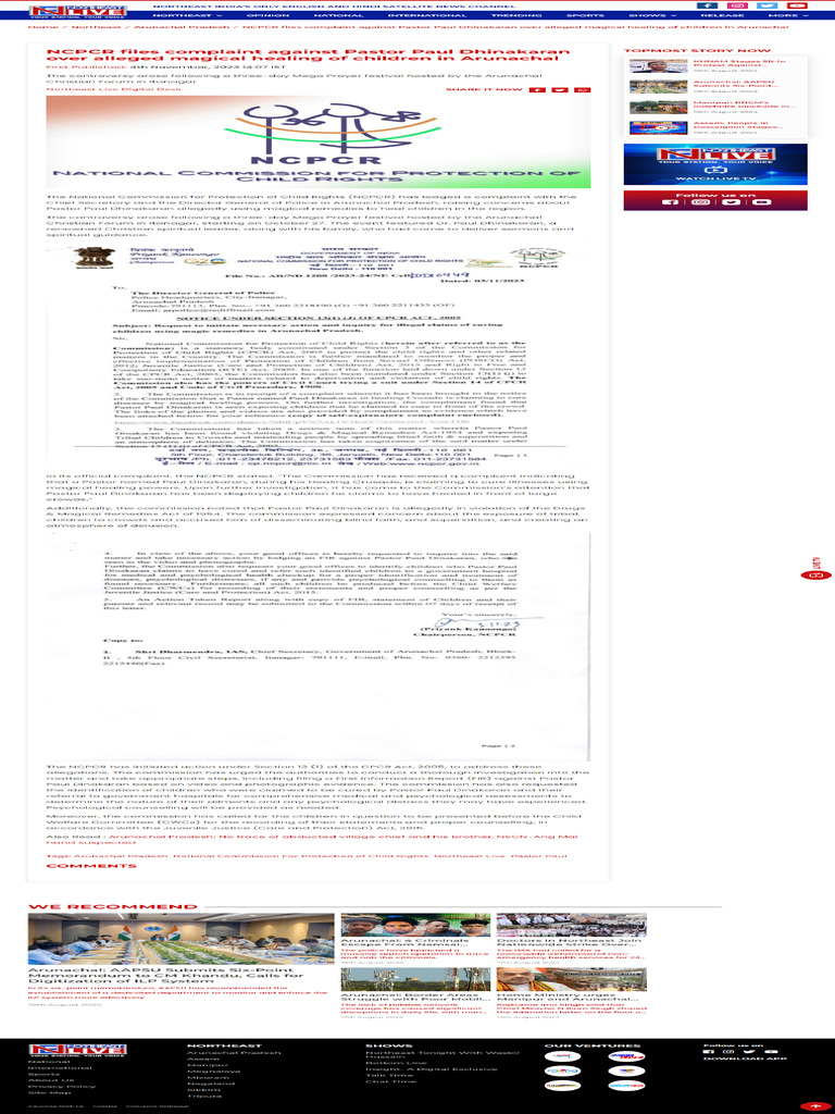 NCPCR Files Complaint Against Pastor Paul Dhinakaran Over Alleged Magical Healing of Children | PDF