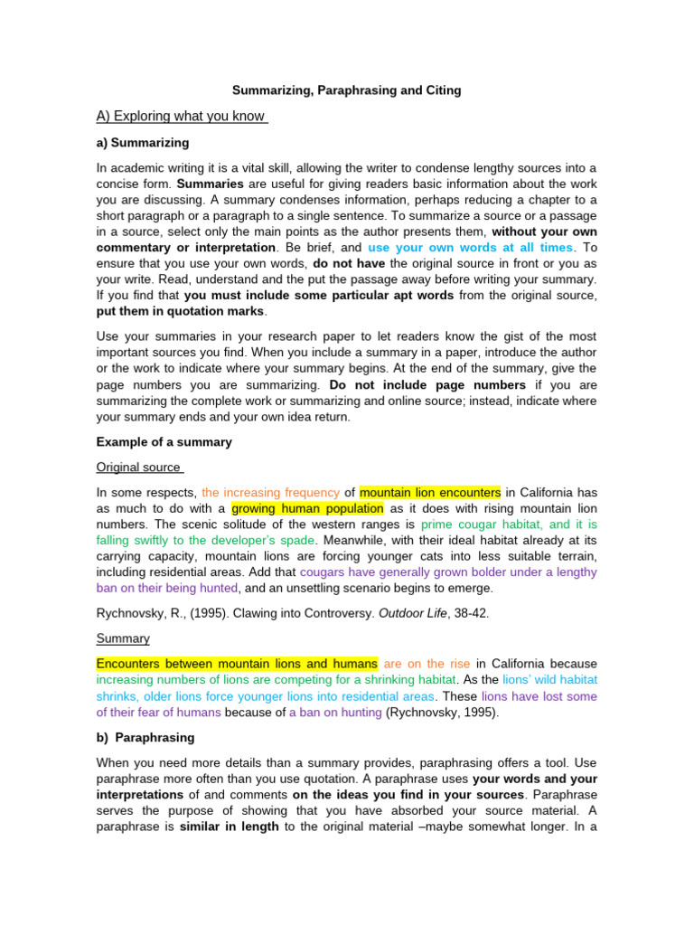 Summarizing, Paraphrasing, and Citing Techniques | PDF | Car | Total ...