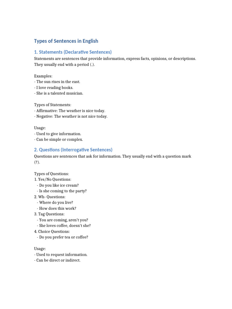 Types of Sentences Answered | PDF | Question | Sentence (Linguistics)