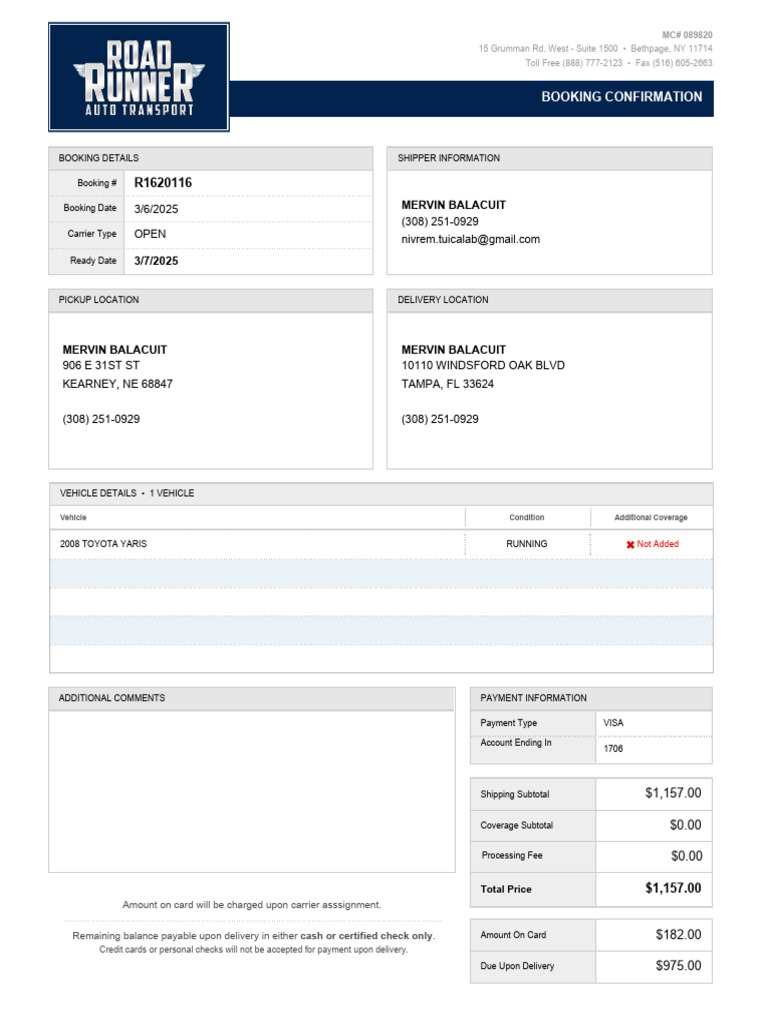 Vehicle Transport Booking Confirmation | PDF | Indemnity | Cargo