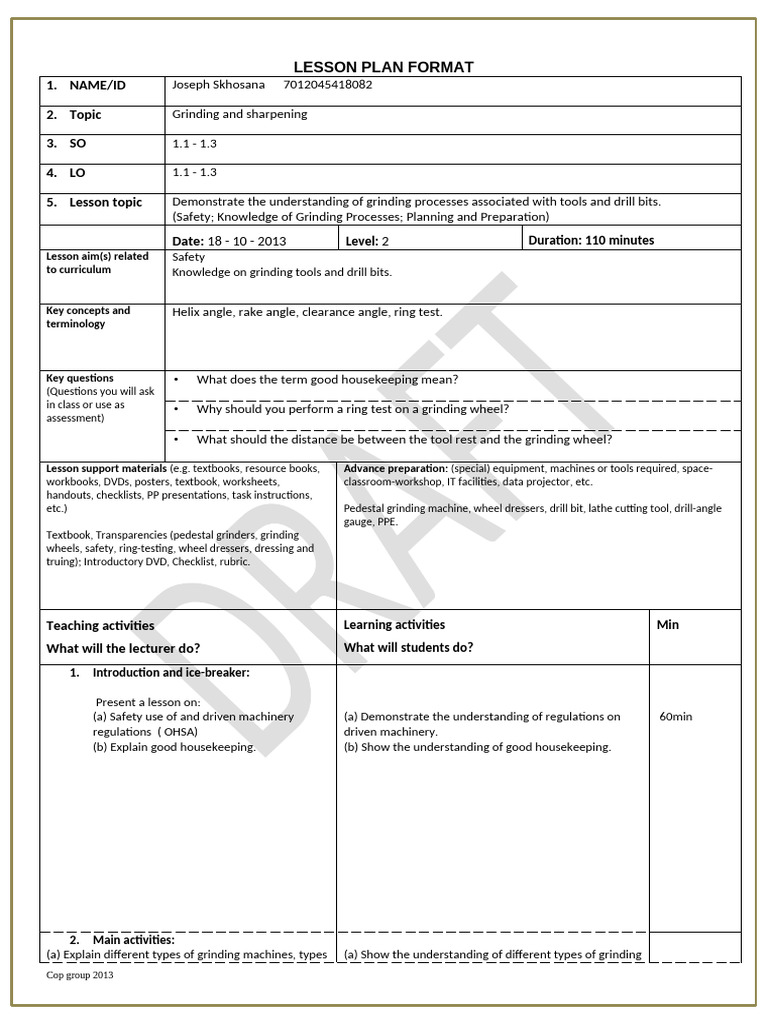 1.Lesson-Plan-Format_ | PDF | Grinding (Abrasive Cutting) | Learning