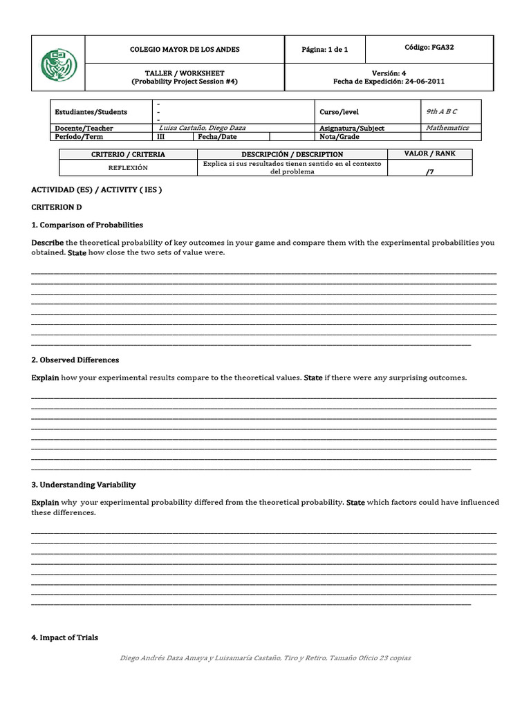 9th Grade Probability Project Rubric Session #4 - Criterion D | PDF ...