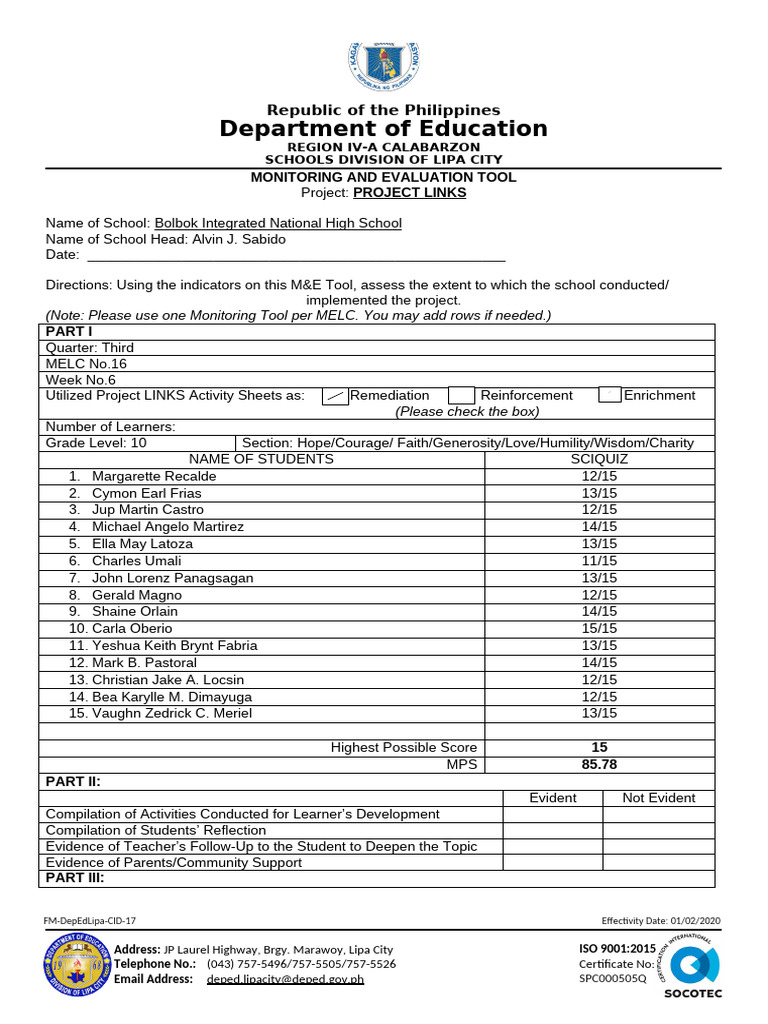 MONITORING and EVALUATION TOOL Q3 2025 | PDF | Behavior Modification | Cognition