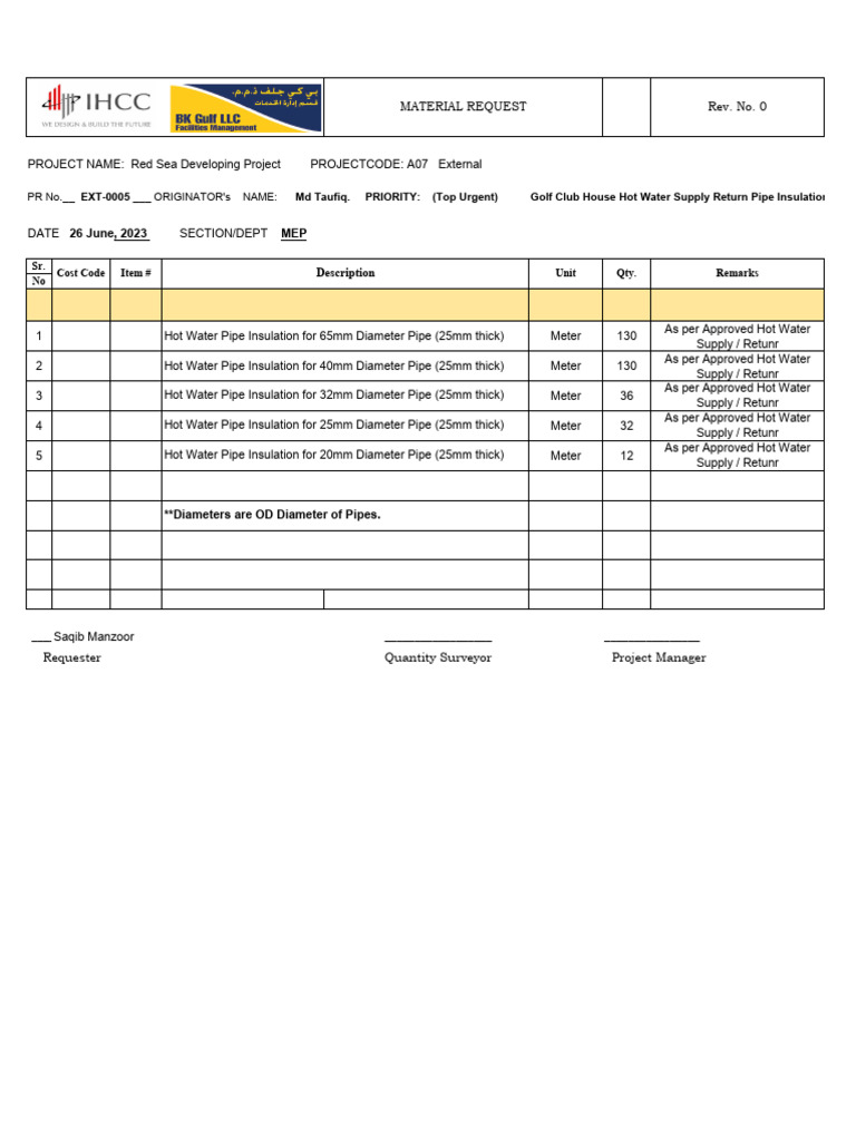 External Pipe Insulation Request | PDF