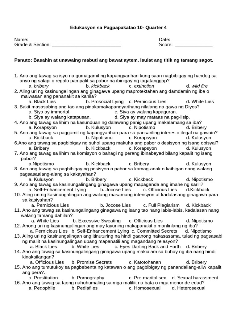 EsP10_Assessment_Q4 | PDF